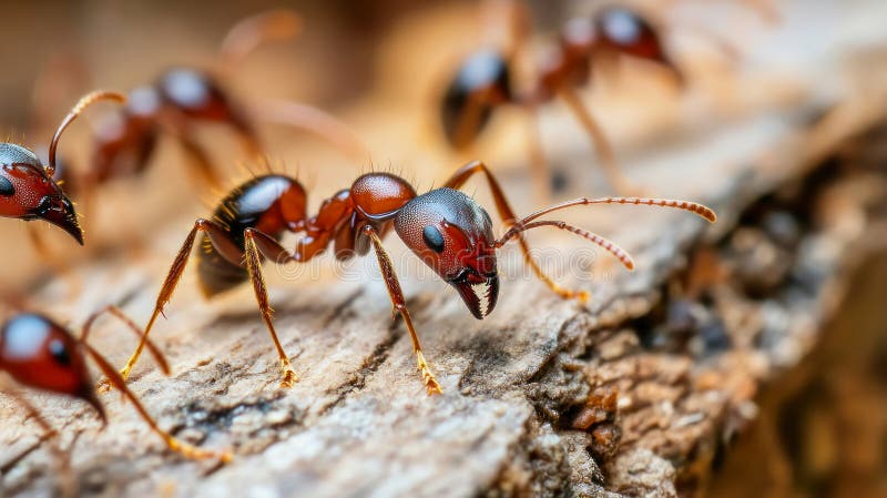 Close-up of Red Ants Exploring a Wooden Surface in a Forest Environment ...