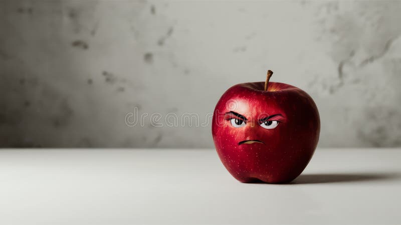 A Red Apple with an Angry Face on a White Table, AI Stock Photo - Image ...