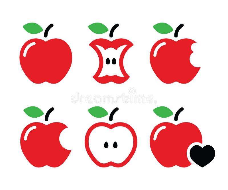 Red Apple, Apple Core, Bitten, Half Icons Stock Illustration ...