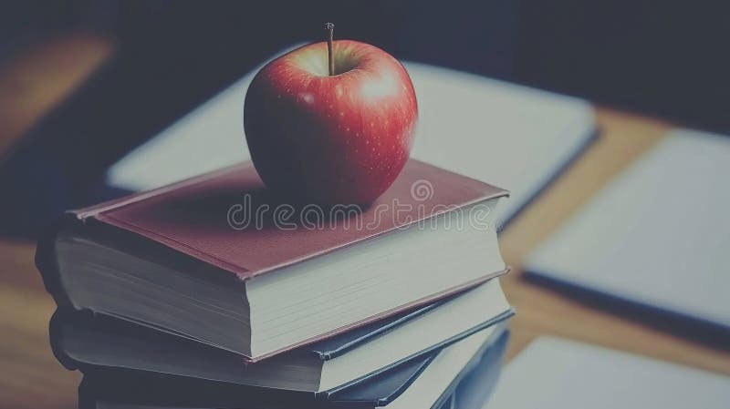 Red Apple Atop Books, Desk, Office, Learning Stock Photo - Image of ...
