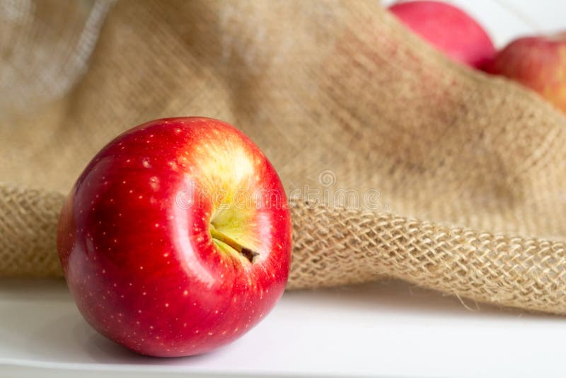 Red Apple Back View Sackcloth on Background Stock Photo - Image of food ...