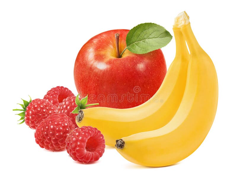 Red Apple, Banana and Raspberry Isolated on White Background Stock ...