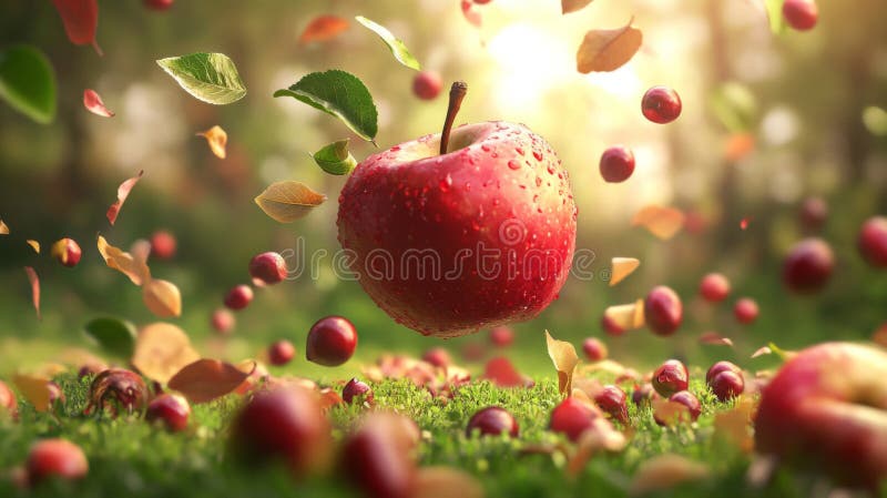 Red Apple and Berries Falling on Green Grass Stock Illustration ...
