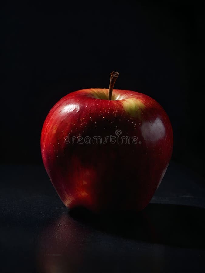 Red Apple on a Black Background. the Surface of the Apple is Smooth and ...