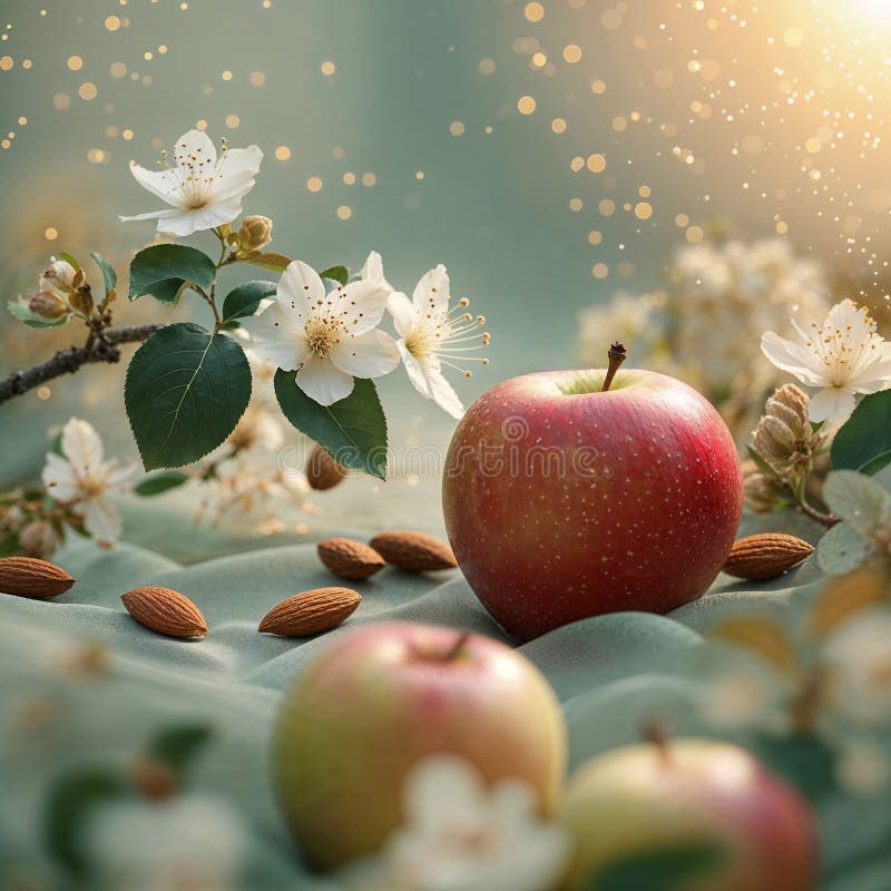 Red Apple with Blossoms and Almonds in a Serene Atmosphere Stock ...