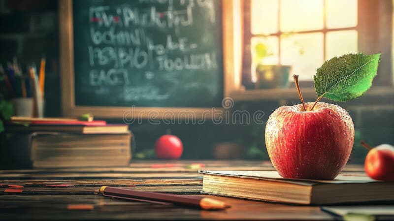 Red Apple on a Book in a Classroom Setting Stock Image - Image of ...