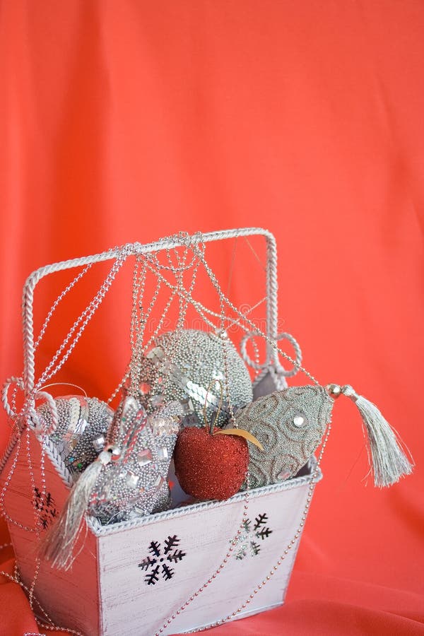 Red Apple in Box with Silver Christmas Decoration Stock Image - Image ...