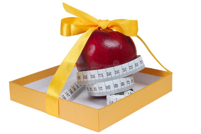Red Apple in Box with Tape-line Like Gift Stock Photo - Image of single ...