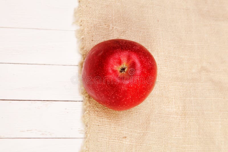 Red Apple on the Burlap and White Table Stock Photo - Image of morning ...