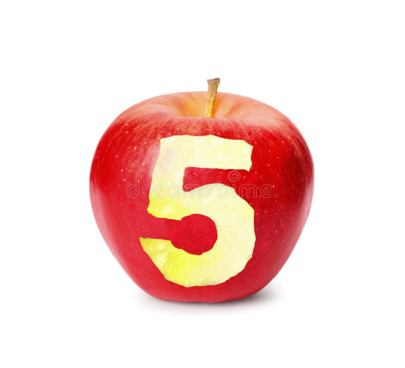 Red Apple with Carved Number Five As School Grade on White Background ...