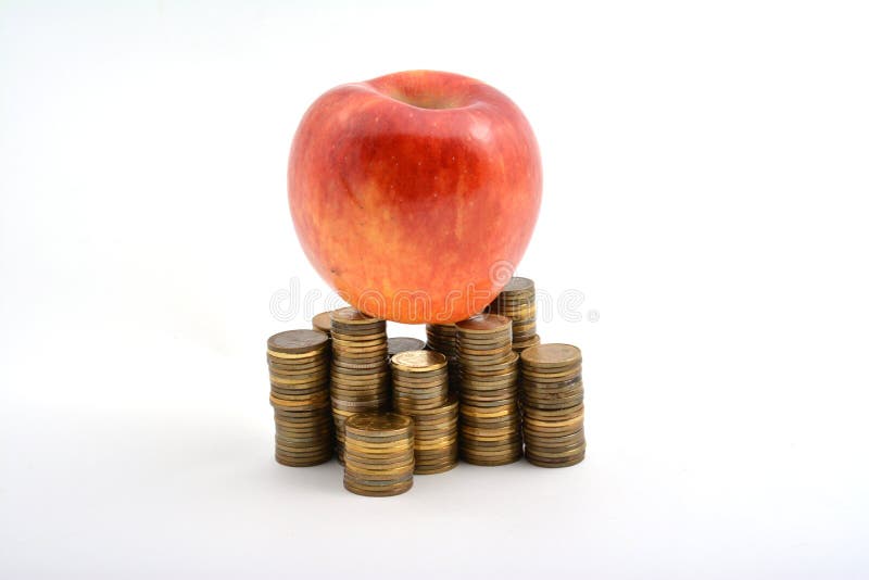 Red Apple with Coins Isolated on White Stock Photo - Image of golden ...