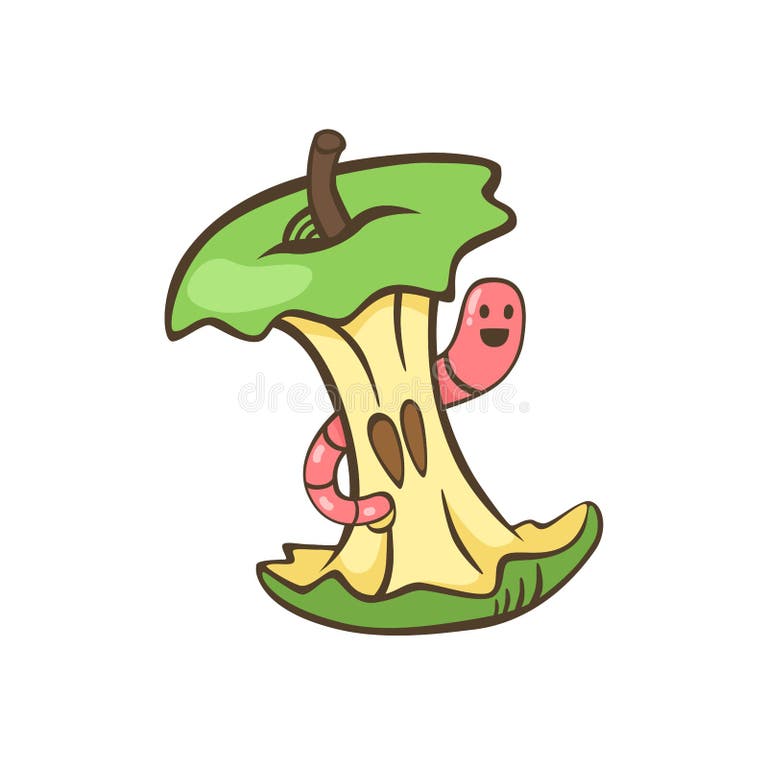 Red Apple Core with Worm Cartoon Isolated Vector. Apple Stump with Worm ...
