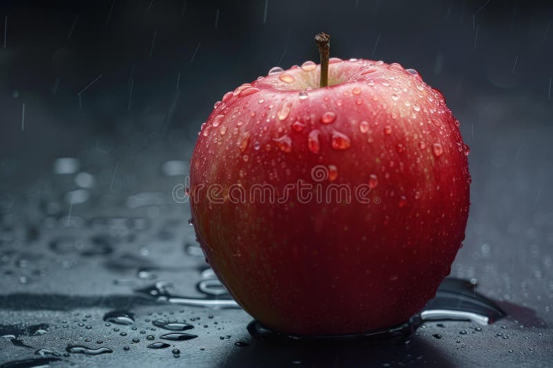 Red Apple Covered with Water Drops is Standing on Wet Black Surface ...