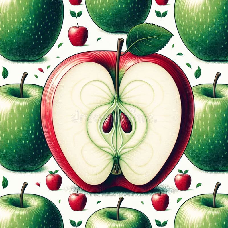 A Red Apple Cut in Half Surrounded by Whole Green Apples. the ...