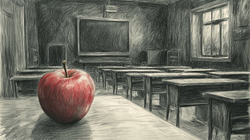 Red Apple on Desk in Empty Classroom. (1 Stock Photo - Image of ...