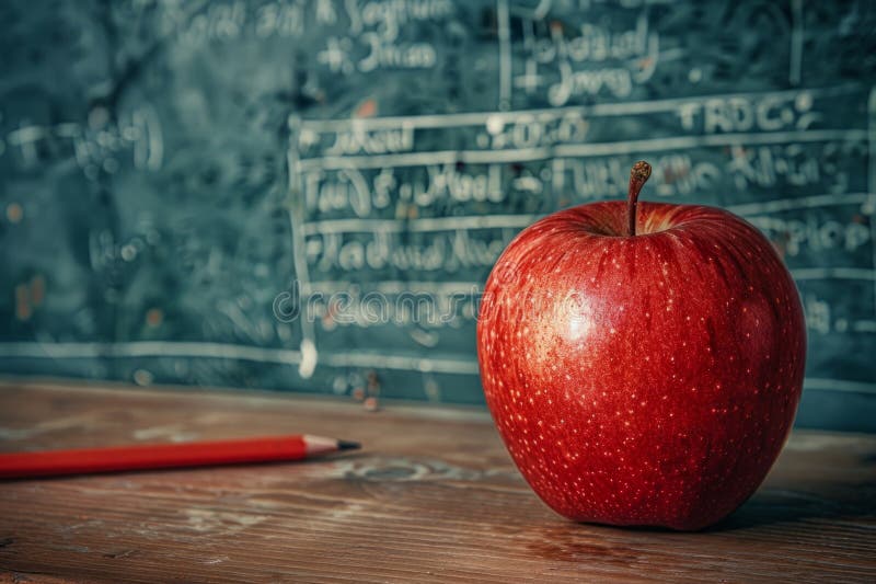 Red Apple on Desk in Front of Chalkboard with Math Equations Stock ...