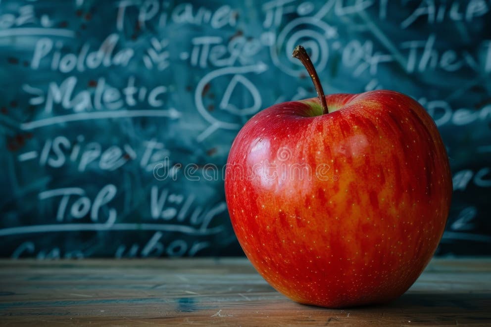 Red Apple on Desk in Front of Chalkboard with Math Equations Stock ...