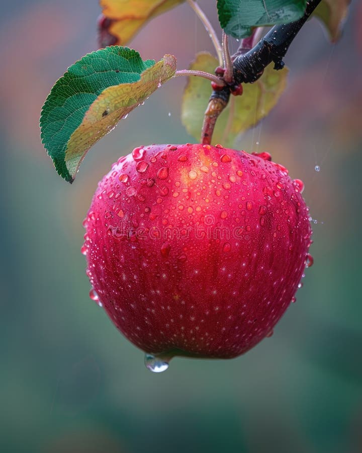 Red Apple with Dew Drops on a Branch Stock Image - Image of ...