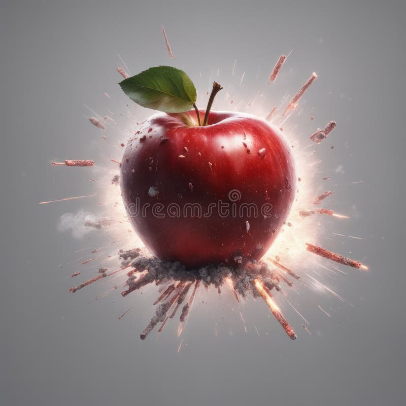 Red Apple Explosion with Sparks on Grey Background. 3D Illustration ...