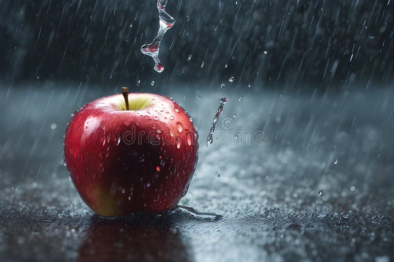 A Red Apple Falling in Rain Some Drop of Water Stock Illustration ...