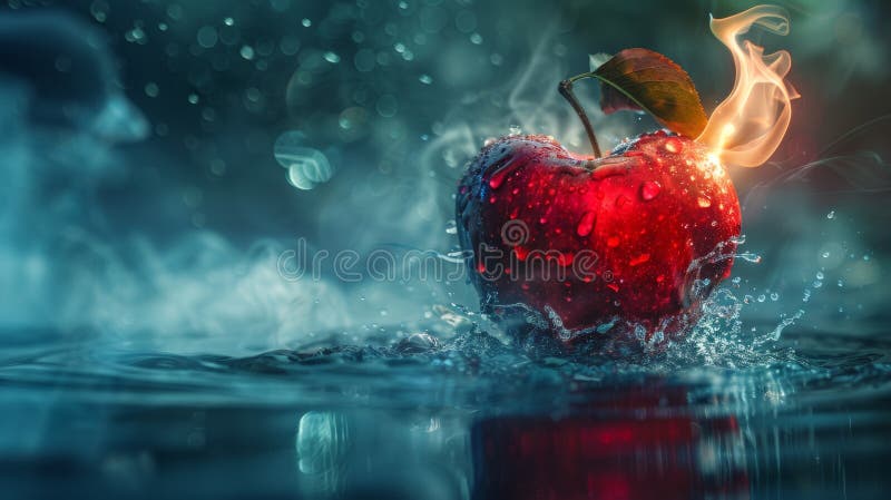 A Red Apple with a Flame on it is in Water, AI Stock Illustration ...