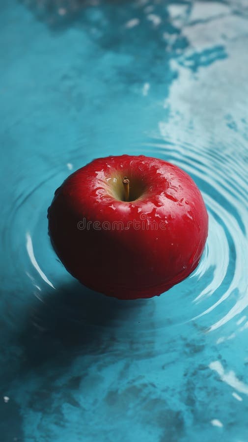 Red Apple Floating in Clear Blue Water, Focus on Ripples and Texture ...