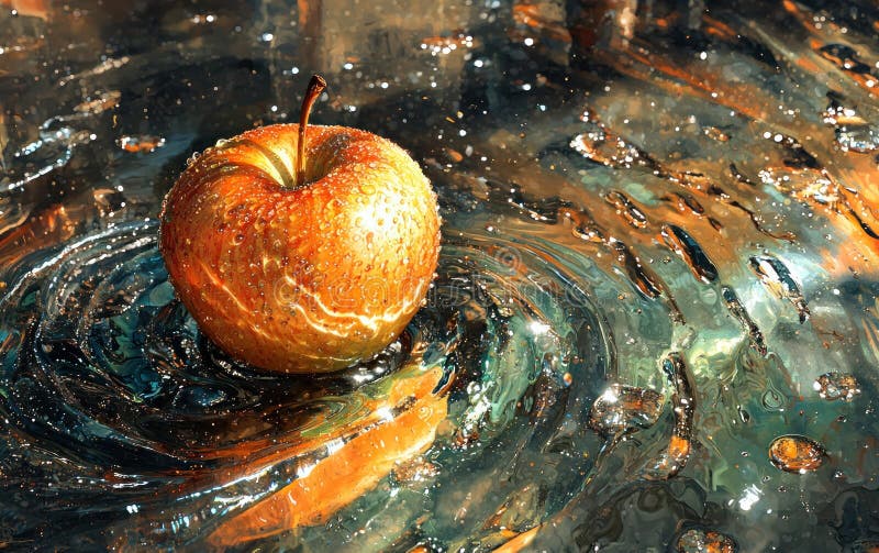 Red Apple Floating on Water with Ripples and Sunlight Reflections Stock ...