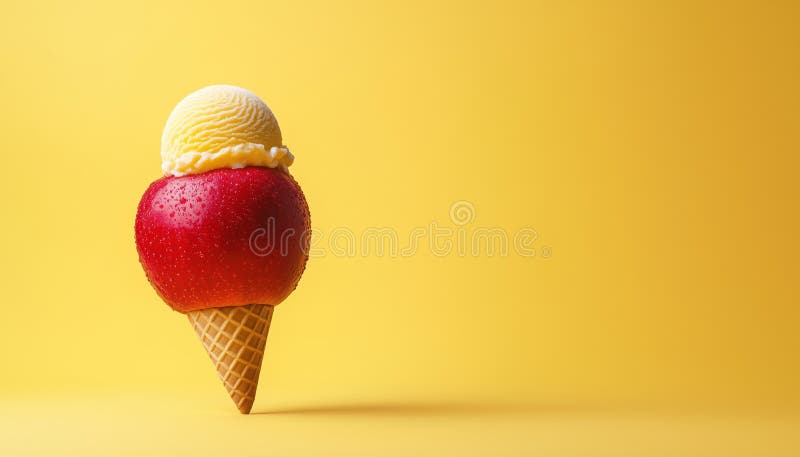 Red Apple Fruit Paired with a Scoop of Ice Cream in a Cone Stock Photo ...
