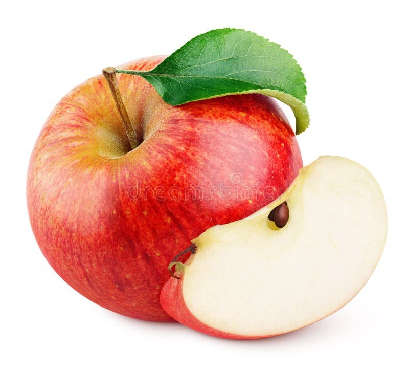 Red Apple Fruit with Slice and Green Leaf Isolated on White Stock Image ... Red Apple Fruit with Slice and Green Leaf Isolated on White Stock Image ...
