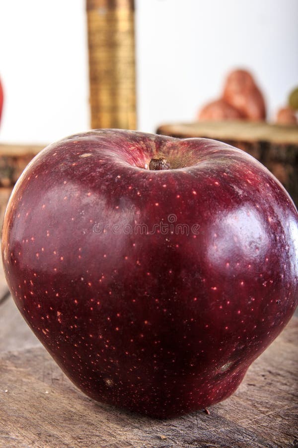 Really Red Apple on Gray Old Wooden Table Stock Photo - Image of health ...