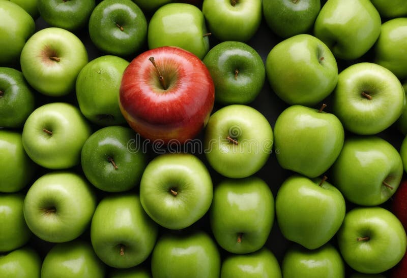 Red Apple among Green Apples. Top View of Fresh Fruit Pattern Stock ...