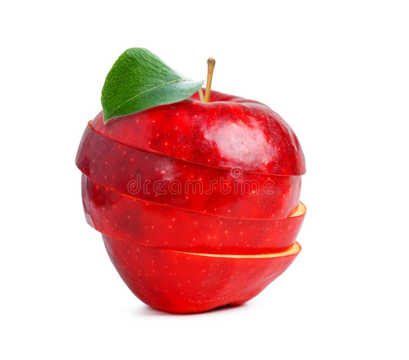 Red Apple with a Green Leaf, Oval Slices, Even Cuts Across Across ...