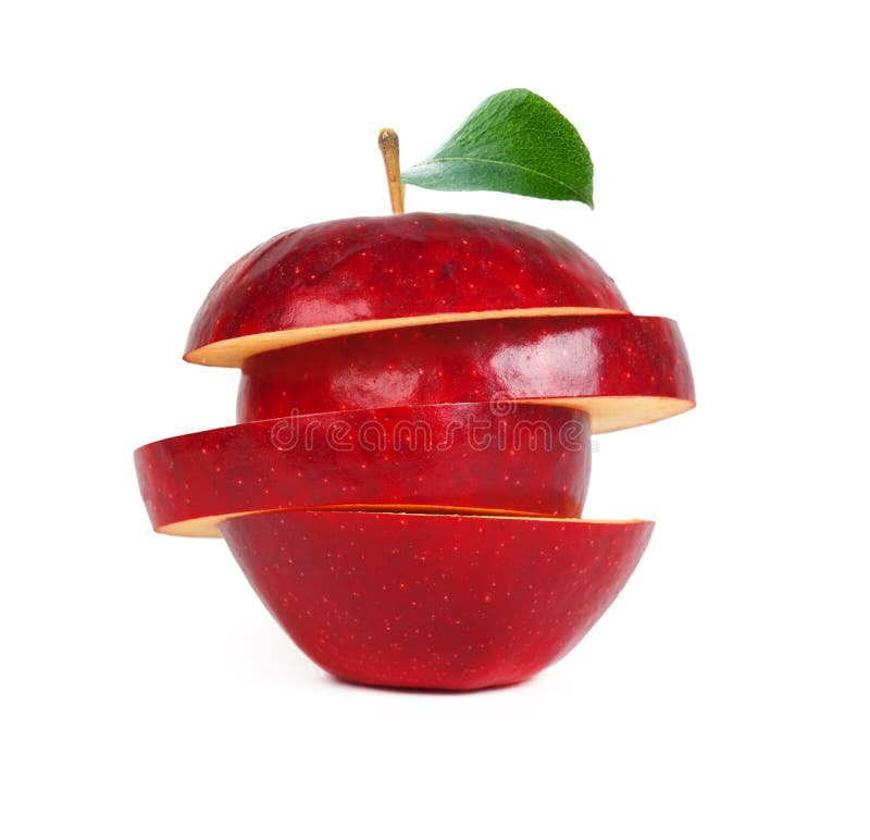 Red Apple with a Green Leaf, Oval Slices, Even Cuts Across Across ...