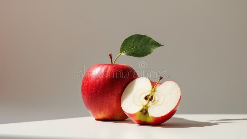 A Red Apple with a Green Leaf on Top and a Slice Missing Stock Image ...