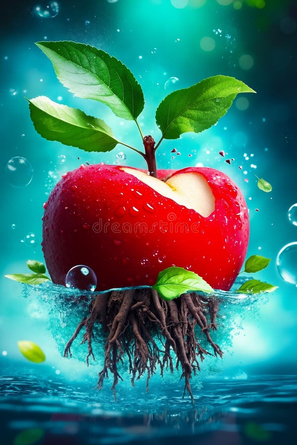 A Red Apple with a Green Leaf on Top of it in the Water Stock Image ...