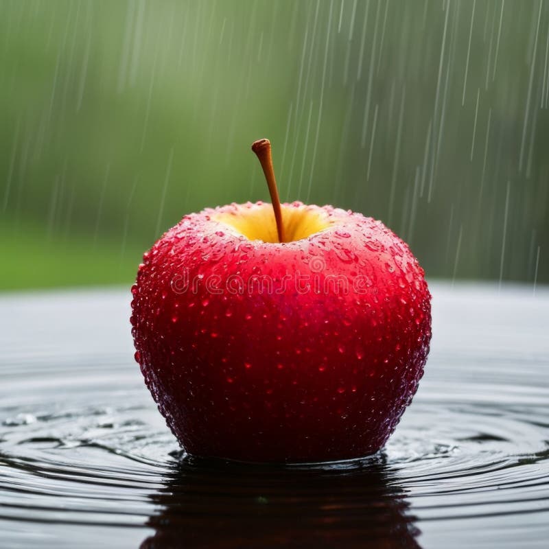 Red Apple with Green Leaf on Wet Surface in Rain. Shallow DOF Stock ...