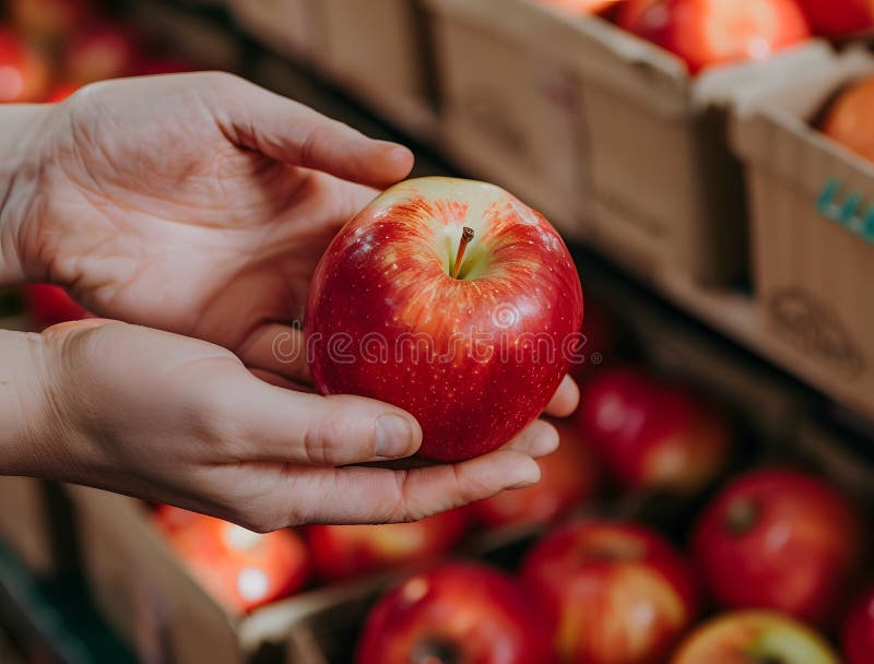 Red Apple Held in Hand with Boxes of Fruit in Background Stock ...