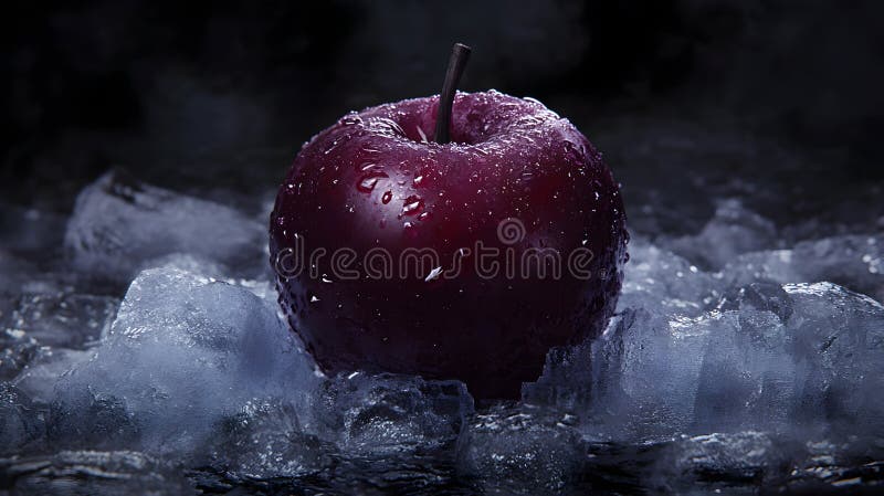 Red Apple on Ice Cubes with Water Droplets Against Dark Backdrop Stock ...