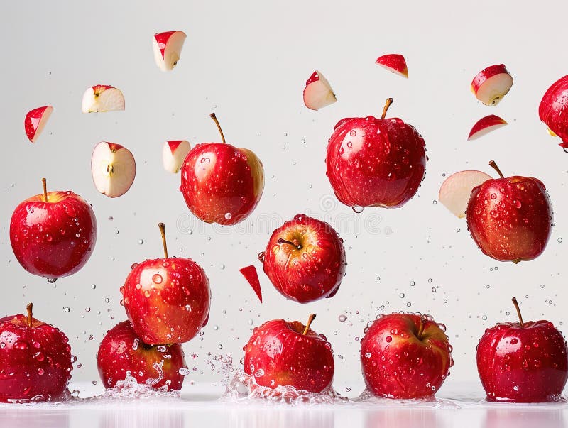 Red Apple Isolated. Whole, Half and Apple Slice Flying on White ...