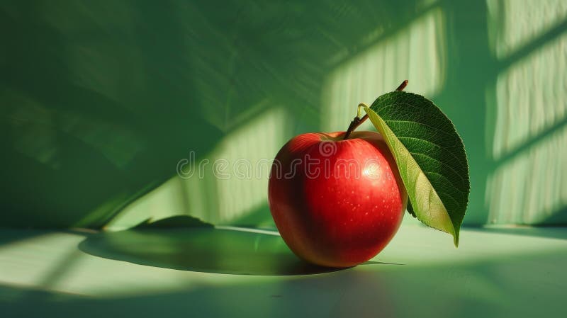 Red Apple with Leaf in Natural Sunlight on Green Background Stock Image ...