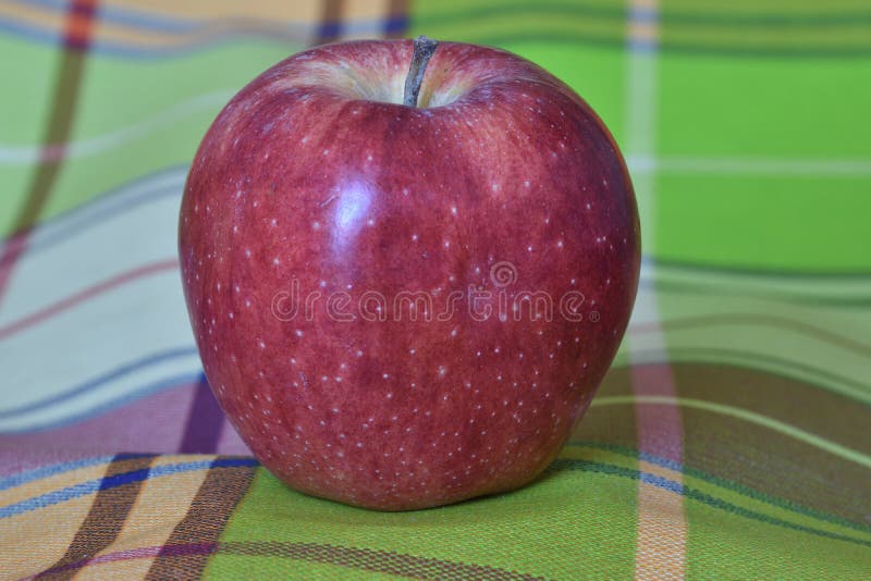 A Red Ripe Apple Lies on a Colored Uneven Checkered Tablecloth. Stock ...