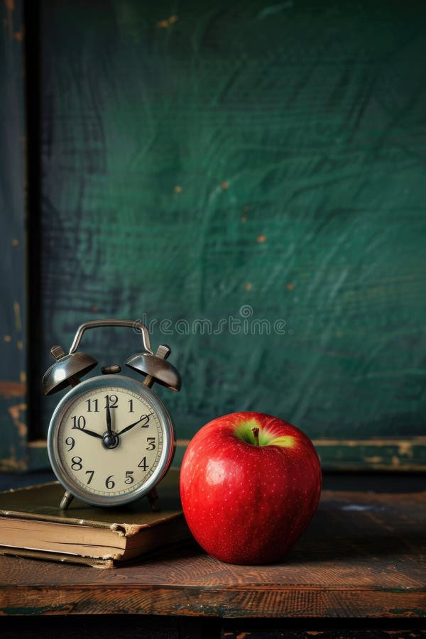A Red Apple Next To an Alarm Clock, Suitable for Various Concepts Stock ...