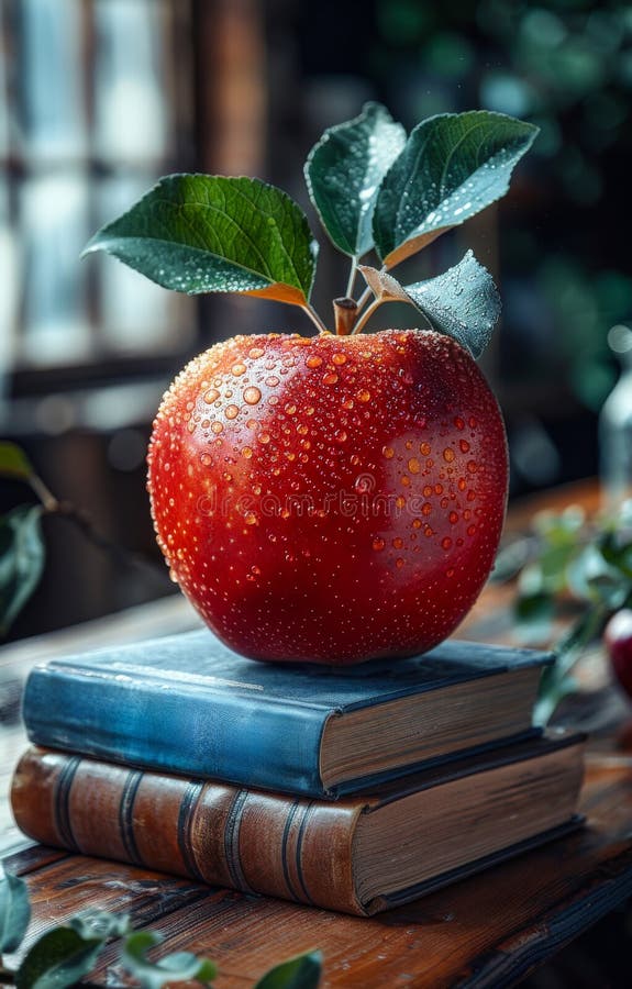 Red Apple and Old Books on Wooden Table Stock Image - Image of table ...