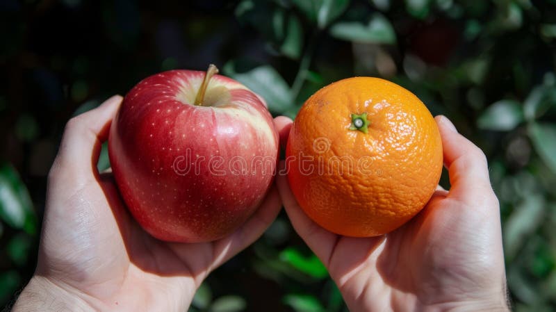 Red Apple and Orange Comparison, Hands Holding a Red Apple and an ...