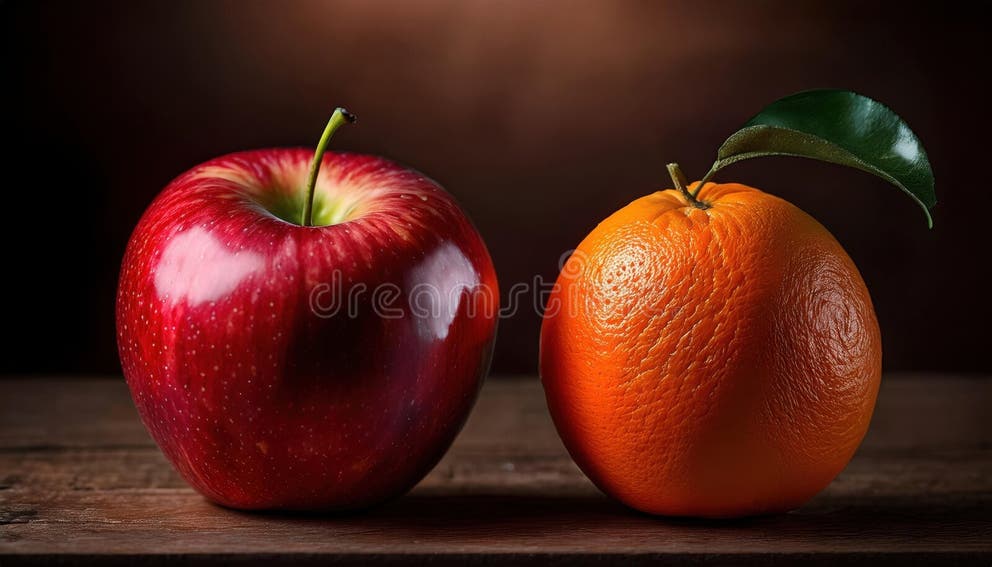 A Red Apple and Orange Placed Side by Side on a Wooden Surface Stock ...