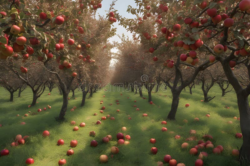 Red Apple Orchard Landscape with Rows of Trees Stock Illustration ...