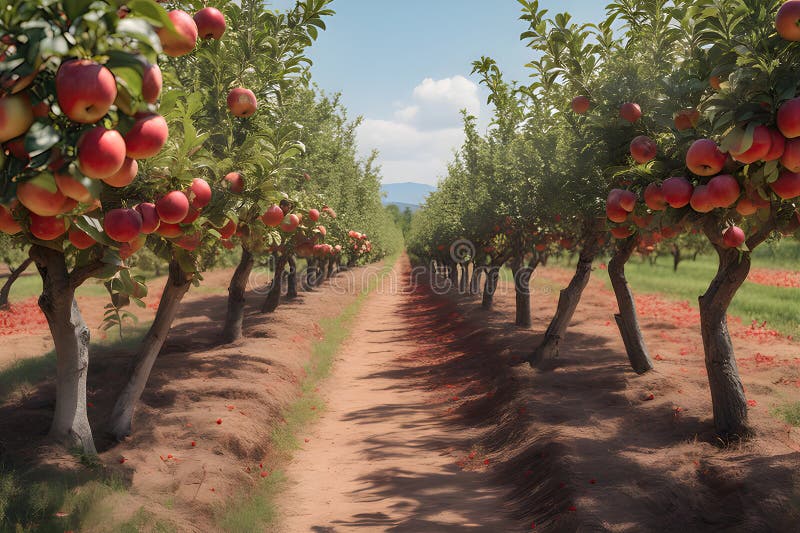 Red Apple Orchard Landscape with Rows of Trees Stock Illustration ...