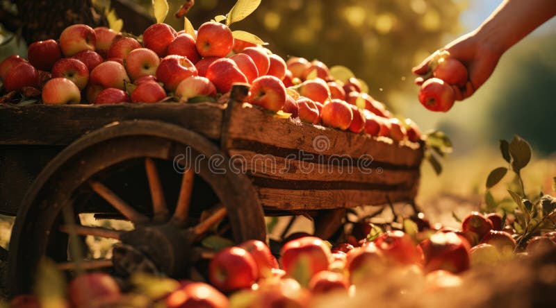 Red Apple Orchard with Picked Apples in a Wagon Stock Illustration ...