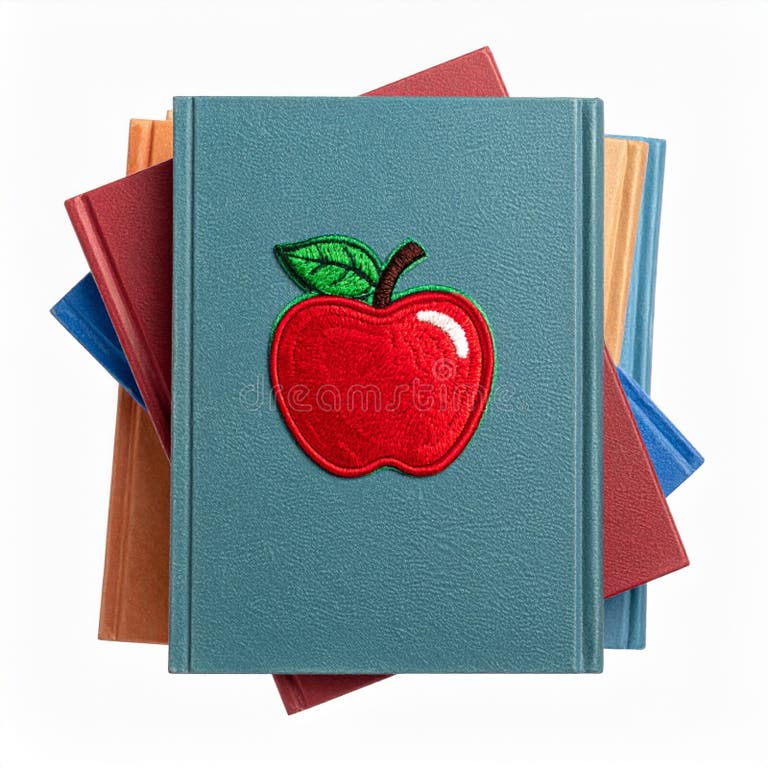 Red Apple Patch on Blue Textured Notebook Stack Stock Illustration ...