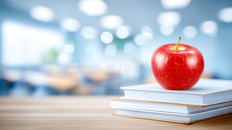 Red Apple Placed on Stack of White Books Highlighting Education and ...